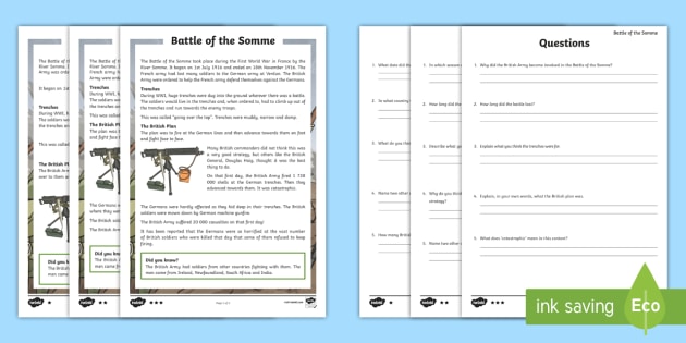 Battle of the Somme Differentiated Reading Comprehension Activity