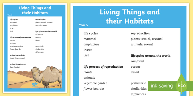 Year 5 Living Things their Habitats Scientific Vocabulary Poster