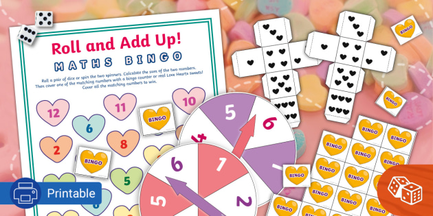 Roll and Add Up Maths Bingo Game - Valentine’s Day Quick Games for Children