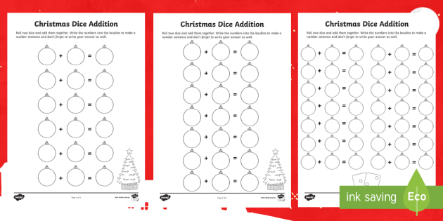 Differentiated Christmas Dice Addition Worksheets