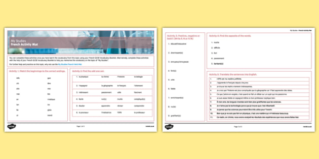 My Studies French Activity Mat (teacher made)