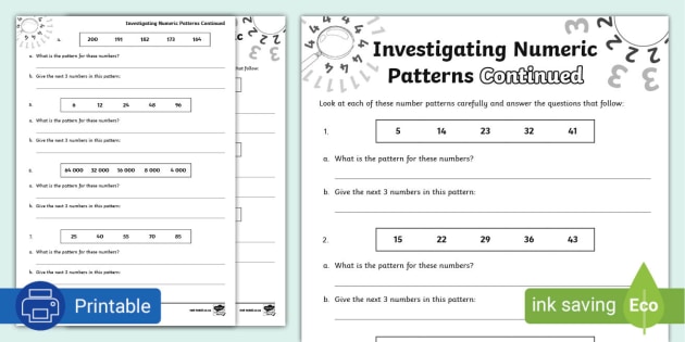 Investigating Numeric Patterns Again Activity Sheet