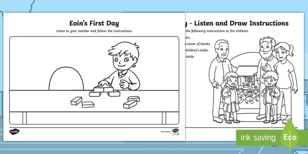 Exploring My World Aistear - Eoin's First Day Listen and Draw Worksheet