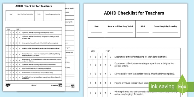 ADHD Checklist for Teachers (Australia) (teacher made)