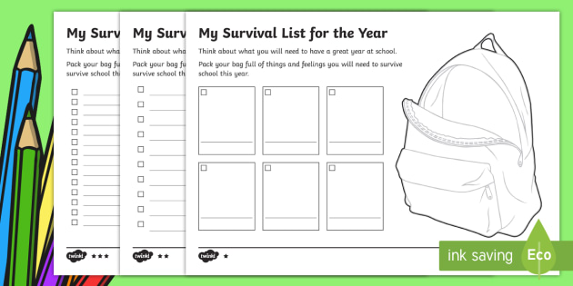 Back to School Survival List Worksheet / Activity