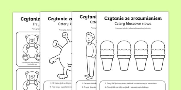 Karta Czytanie z rozumieniem Cztery słowa kluczowe po polsku , worksheet