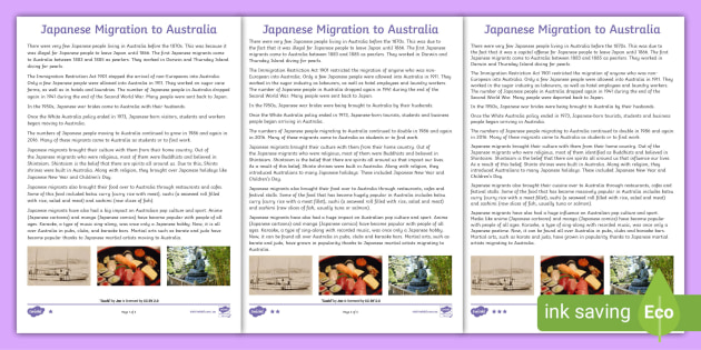 Japanese Migration to Australia Differentiated Fact File
