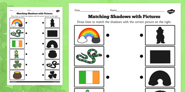 St Patricks Day Shadow Matching Worksheet - match, worksheet