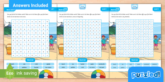 Fun Seaside Word Search Puzzle Pack - AL - Twinkl Puzzled