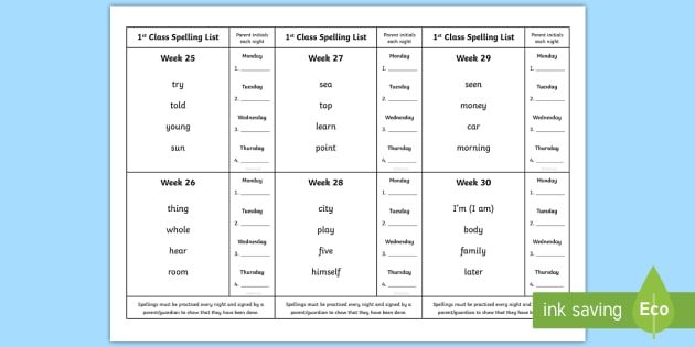 First Class Spelling Sheets Weeks 25-30 Cards