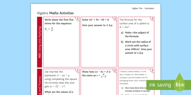 Higher: Algebra (Calculator) Activity Mat (teacher made)