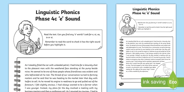 Linguistic Phonics Phase 4c ‘e’ Sound Text Search Worksheet