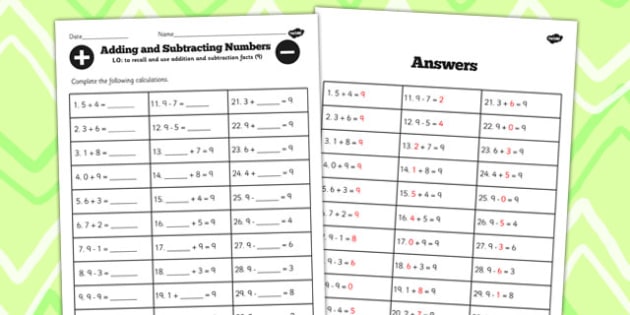 Number Facts to 9 Worksheet