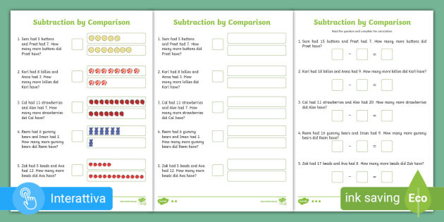 Subtraction by Comparison F-2 Differentiated Worksheets