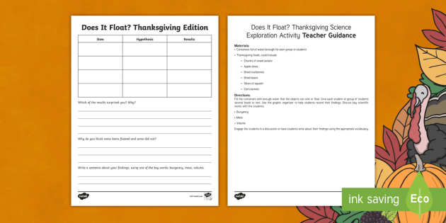 Does it Float? Thanksgiving STEAM Activity (teacher made)
