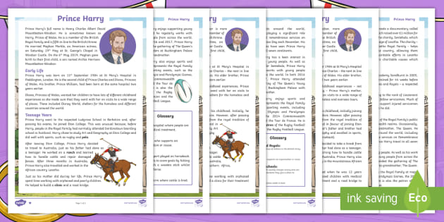 UKS2 Prince Harry Differentiated Reading Comprehension Activity