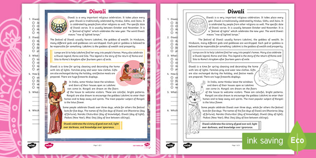 Fourth Grade Diwali Reading Comprehension Activity - Twinkl