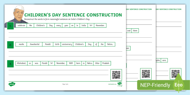 Children's Day Sentence Construction Worksheet