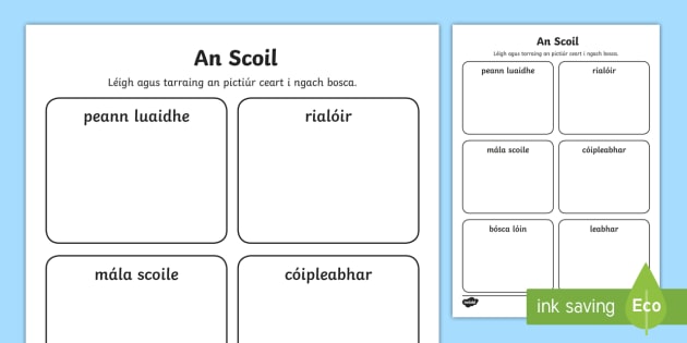 School Read and Draw Worksheet Gaeilge