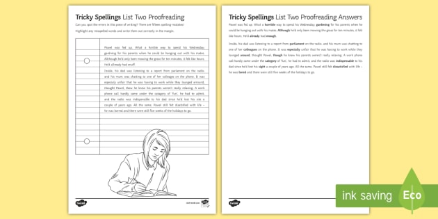 Tricky Spellings List Two - Proofreading Worksheet / Worksheet