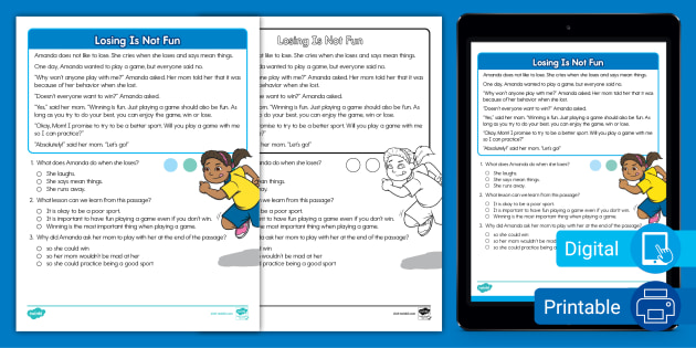 Second Grade Losing Is Not Fun Reading Passage Comprehension Activity