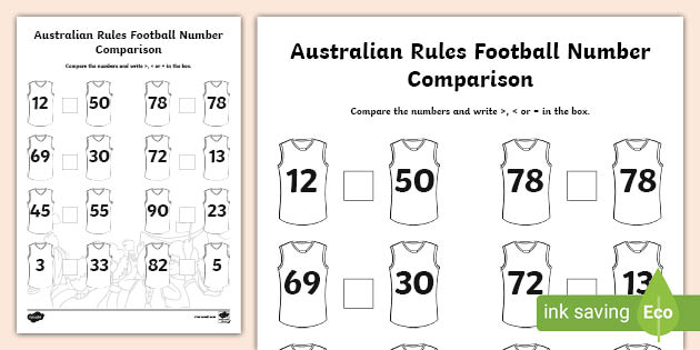 Australian Rules Football Number Comparison Worksheet
