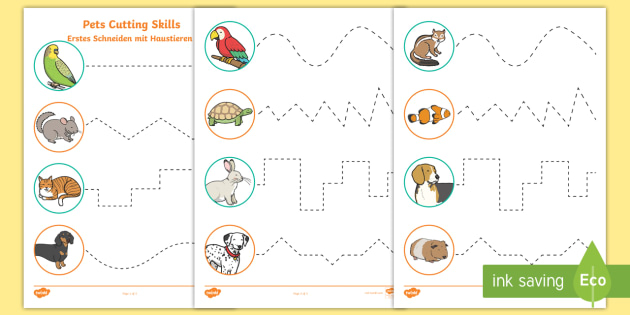 Pets Themed Cutting Skills Worksheet / Worksheets English/German