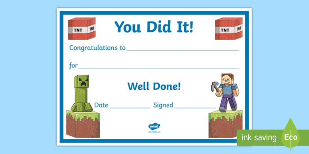 KS2 Block Adventurer Themed Certificate (teacher made)