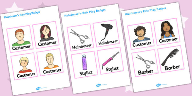 Hairdressers Role Play Badges - Hairdresser Role Play, Display Posters, A4