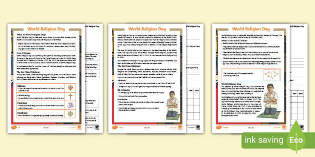 LKS2 World Religion Day Differentiated Reading Comprehension Activity