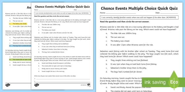 Chance Events Multiple Choice Quick Quiz Worksheet / Worksheet-Australia