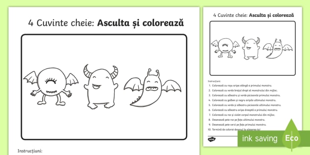 4 cuvinte cheie: Ascultă și colorează Fișă de activitate