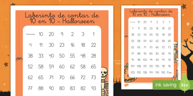 Ficha de laberinto de contar de 10 en 10 de Halloween