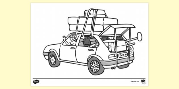 FREE! - Travel Colouring Sheet: Girl Waving Goodbye and Driving Car