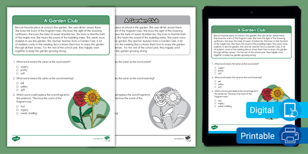 Second Grade A Garden Club Reading Passage Comprehension Activity