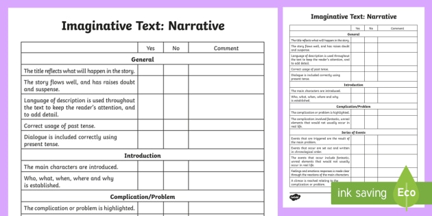 Imaginative Text: Narrative Assessment Checklist - Literacy