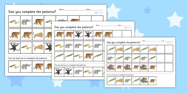 Jungle Themed Complete the Pattern Worksheet Differentiated