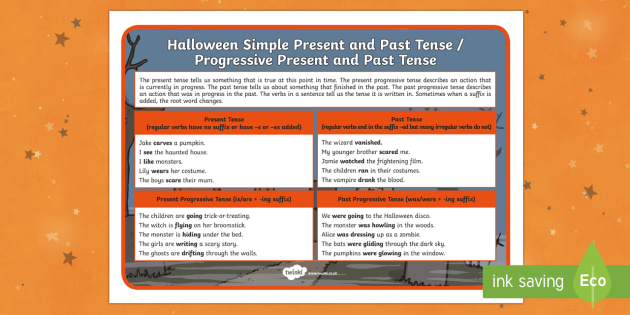 Halloween SPaG Present, Past and Progressive Tenses Word Mat