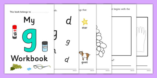 My Workbook g lowercase - workbook, g sound, lowercase, letters, alphabet