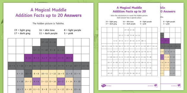 A Magical Muddle Addition Facts up to 20 Maths Mosaic Worksheet - Originals