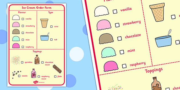 Ice Cream Parlour Order Form - ice cream parlour, order form