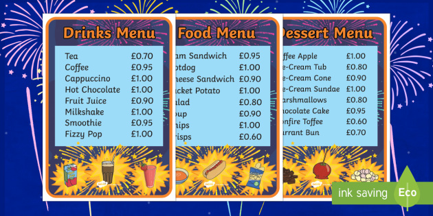 Bonfire Night Food Stall Role Play Menu (teacher made)