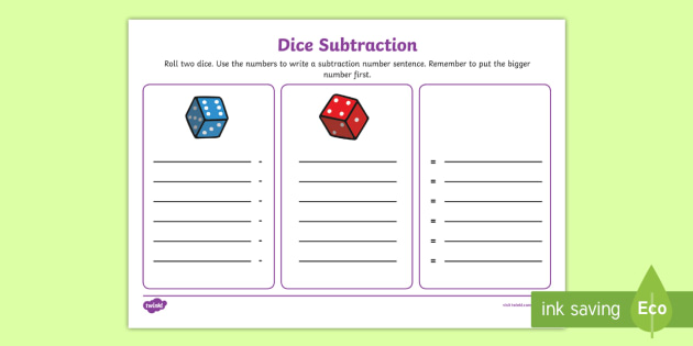 NI KS1 Numeracy Dice subtraction Activity Mat