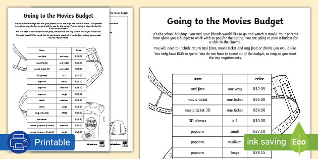 Going to the Movies Budget | Saving Money Tips Worksheet