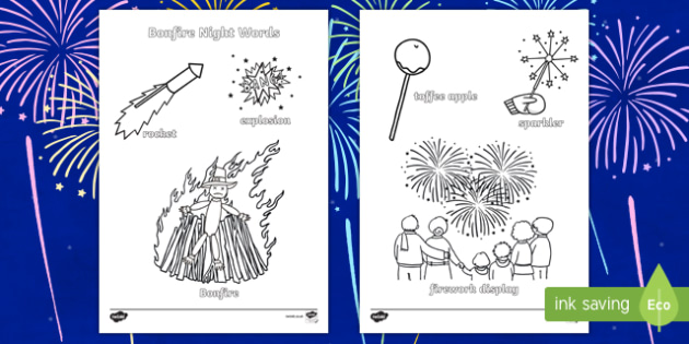 Bonfire Night Themed Words Colouring Sheet