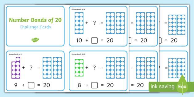 Number Shapes Number Bonds to 20 Challenge Cards - KS1 Maths