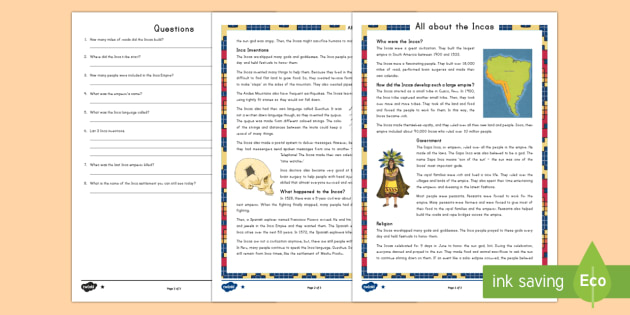 All About the Incas Differentiated Reading Comprehension Activity - Inca