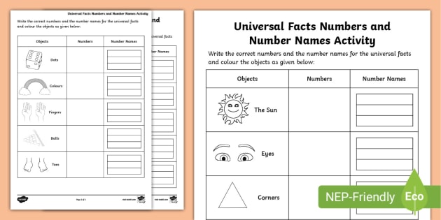 Universal Facts Numbers and Number Names Activity