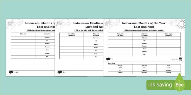 Months of the Year Last and Next Indonesian (teacher made)