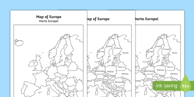 Map of Europe With and Without Names Romanian